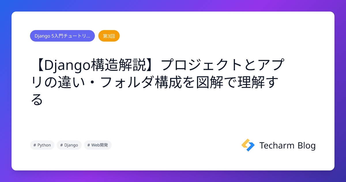 【Django構造解説】プロジェクトとアプリの違い・フォルダ構成を図解で理解する - Django 5入門チュートリアル｜実践ブログ開発で学ぶWeb開発 | Techarm Blog